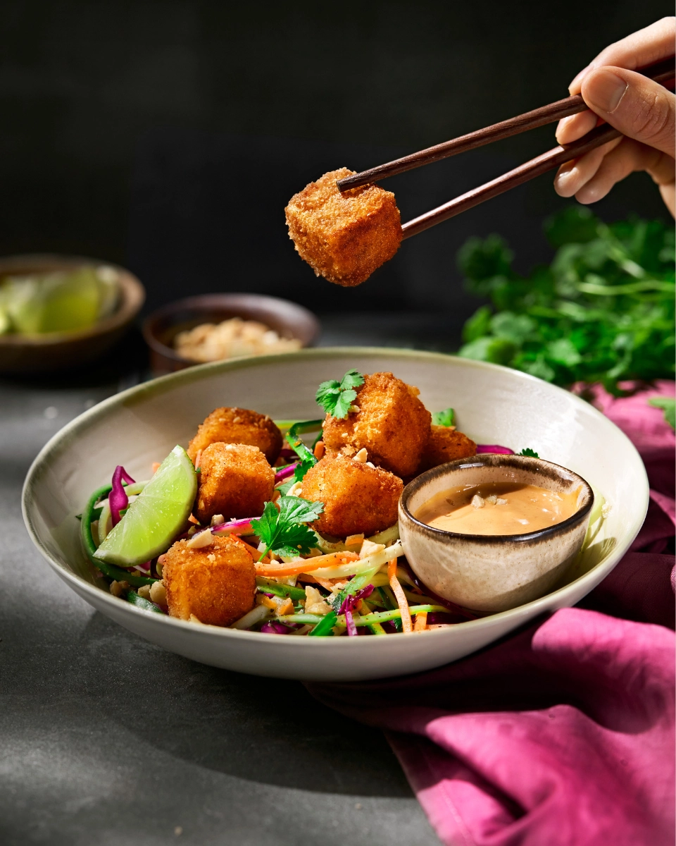 Crispy tofu med sötsyrlig nudelsallad, lime och jordnötter | Yipin