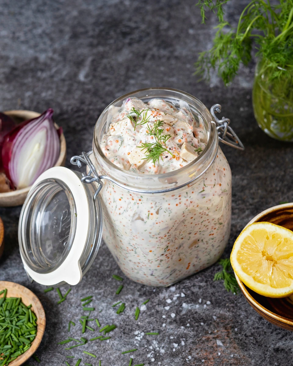 Fräsch vegansk skagenröra med färsk dill & alspånsrökt tofu | Yipin